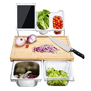 Bamboo Cutting Board with Containers (Set of 4), Chopping Boards for Kitchen, Chopping Board with Juice Groove for Meat Fruits and Vegetables, Natural Serving Tray with Easy Grip Handle(16" x 10")