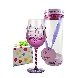 Top Shelf 50th Birthday Wine Glass ; Unique & Thoughtful Gift Ideas for Friends and Family ; Hand Painted Red or White Wine Glass for Mom, Grandma, and Sister