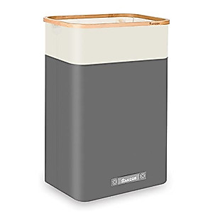 DAKCOS Laundry Basket with Bamboo Handles,80L Collapsible Laundry Hamper,Dirty Clothes Hamper for Bedroom, Bathroom,White-grey