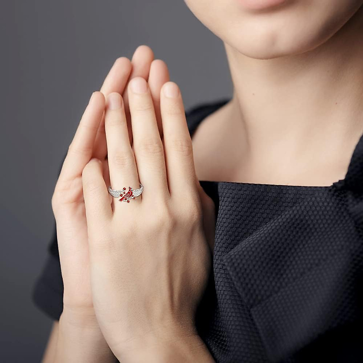 LOVGIFSET Cardinal Ring Angel Wing Ring Cardinal Appear When Angels are Near Feather Red Bird Rings for Women Sterling Silver Memorial Jewelry