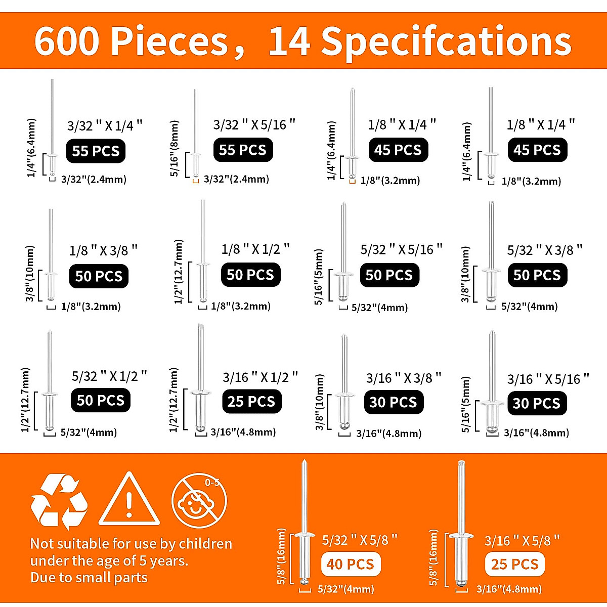 600pcs Pop Rivets Assortment Kit, 14 Sizes Aluminum Rivets 3/32" 1/8" 5/32" 3/16", Assorted Black Rivets with Reinfored Divider and Labeled Case (Silver)
