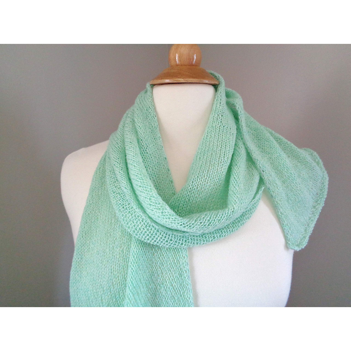 Simple Wrap Scarf, Mint Green, Merino Wool, Hand Knit, Diagonal Bias, Elegant Drapey, Women & Teen Girls, Super Light
