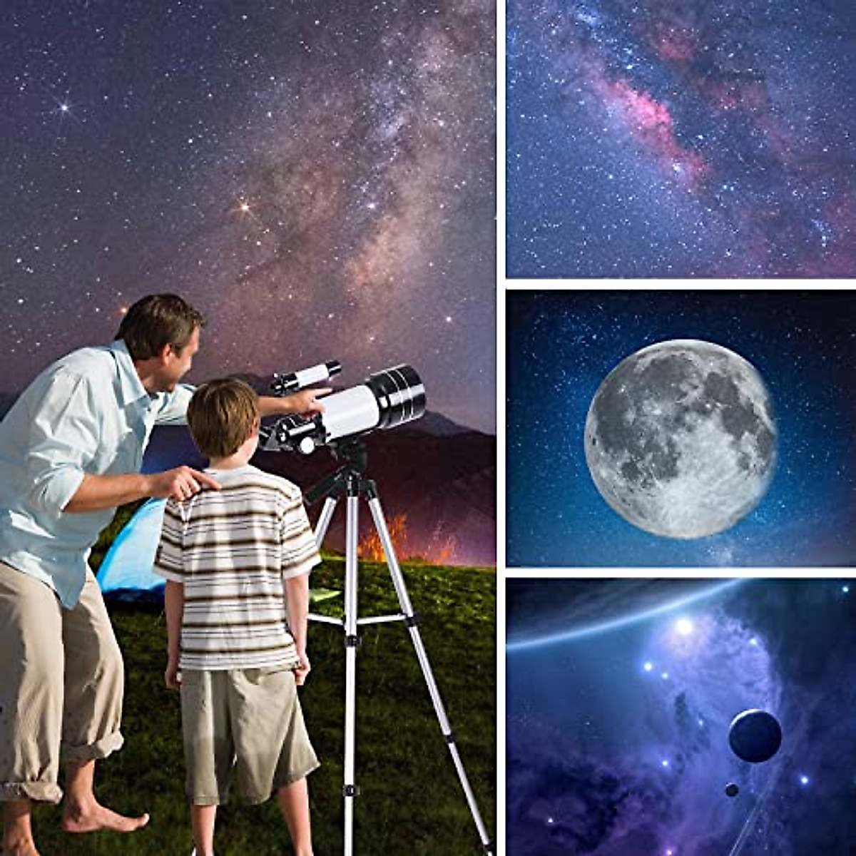 Telescope for Adults & Kids, 70mm Aperture Professional Astronomy Refractor Telescope for Beginners, 300mm Portable Refractor Telescope with AZ Mount, Phone Adapter & Wireless Remote (White)