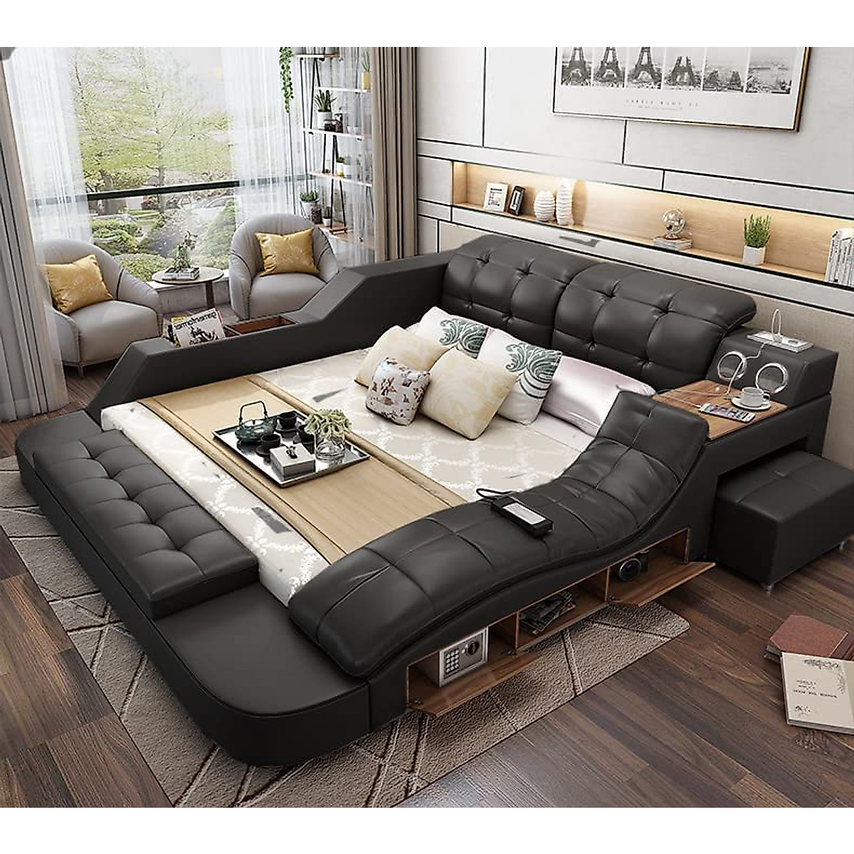 Its-Me Double Bed|King Size or Queen Size| Bonded Leather | Massage Function | Bluetooth Speakers | USB Charger |Radio| Save Box | (Brown, Double Queen)