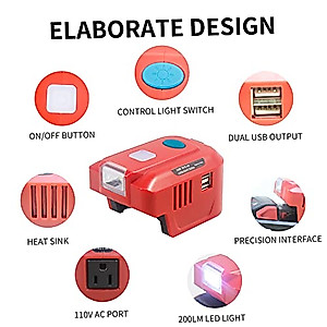 Fiihio 150W Portable Power Inverter Compatible with Milwaukee 18V Lithium Battery,with AC Outlet Dual USB and 200LM LED 18V DC to 120V AC for Tool Room,Garage,Camping etc(Batteries not Included)