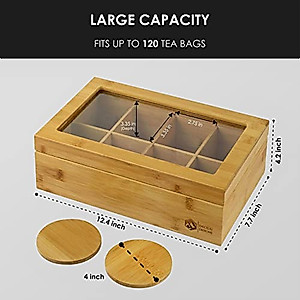 Premium High-end 100% Natural Bamboo Tea Box with 2 Coasters - Wooden Tea Organizer - Tea Bag Organizer Wooden Storage Box - 8 Adjustable Compartments - Clear Lid - Magnet Closure