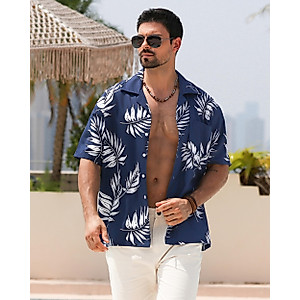 APTRO Men's Hawaiian Shirt Short Sleeve Tropical Vacation Button Down Beach Floral Palm Shirts #024 Navy L