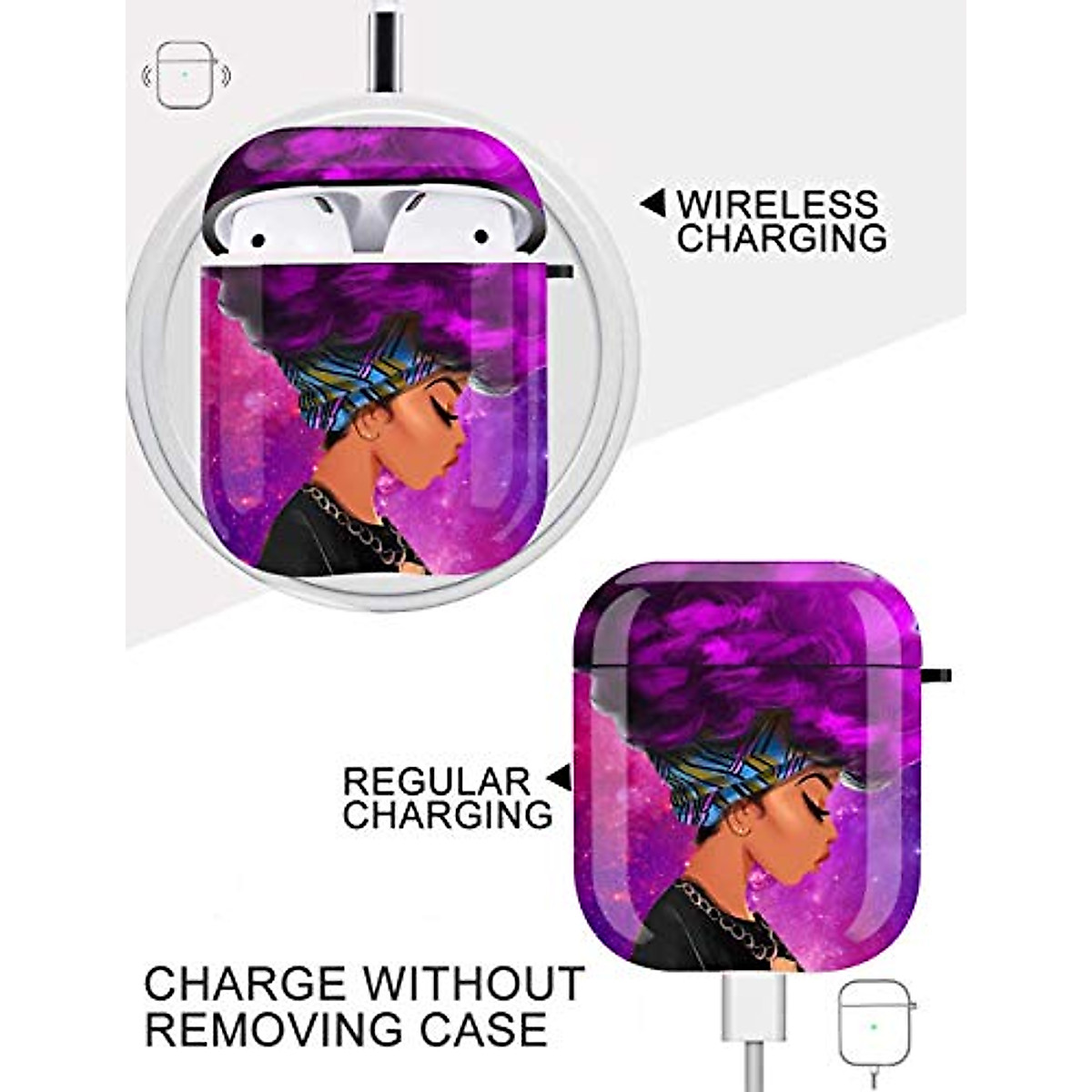 African American Girl Airpods Case - Wonjury Airpod Skin Protective Hard Case Cover Portable & Shockproof Women with Keychain for Apple Airpods 2/1 Charging Case (Purple Hair Girl)