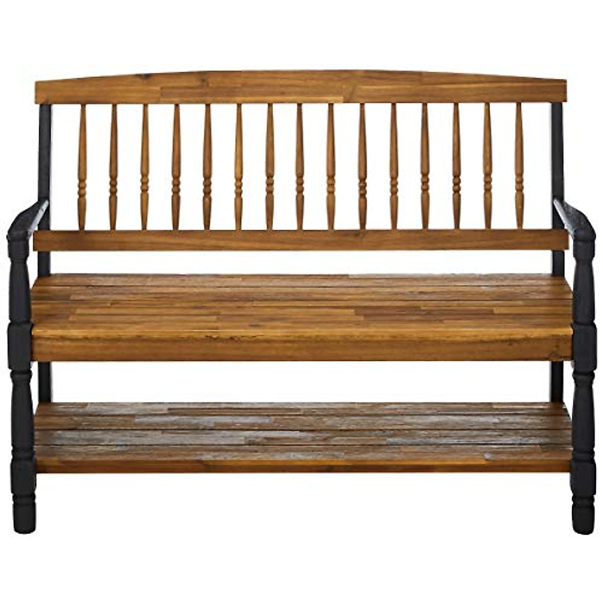Christopher Knight Home Eddie Indoor Farmhouse Acacia Wood Bench with Shelf, Teak and Black Finish