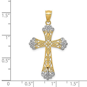 Solid 14k Yellow and White Gold Two Tone Diamond-Cut Cross Pendant (21mm x 38mm)