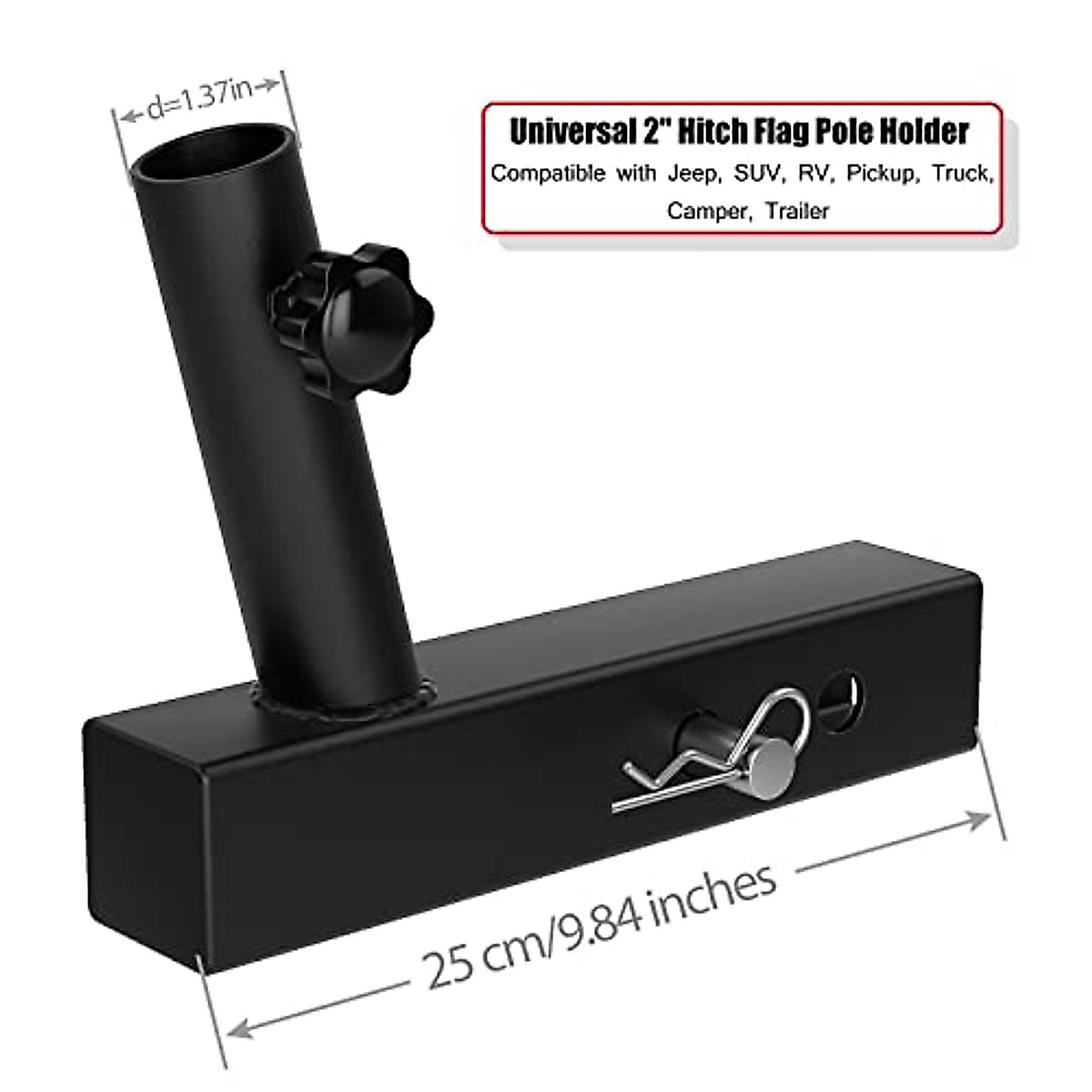 Universal 2 Inches Hitch Flag Pole Holder - Compatible with Jeep, SUV, RV, Pickup, Truck, Camper, Trailer. Anti-Wobble Screws and The Angled Holder Design