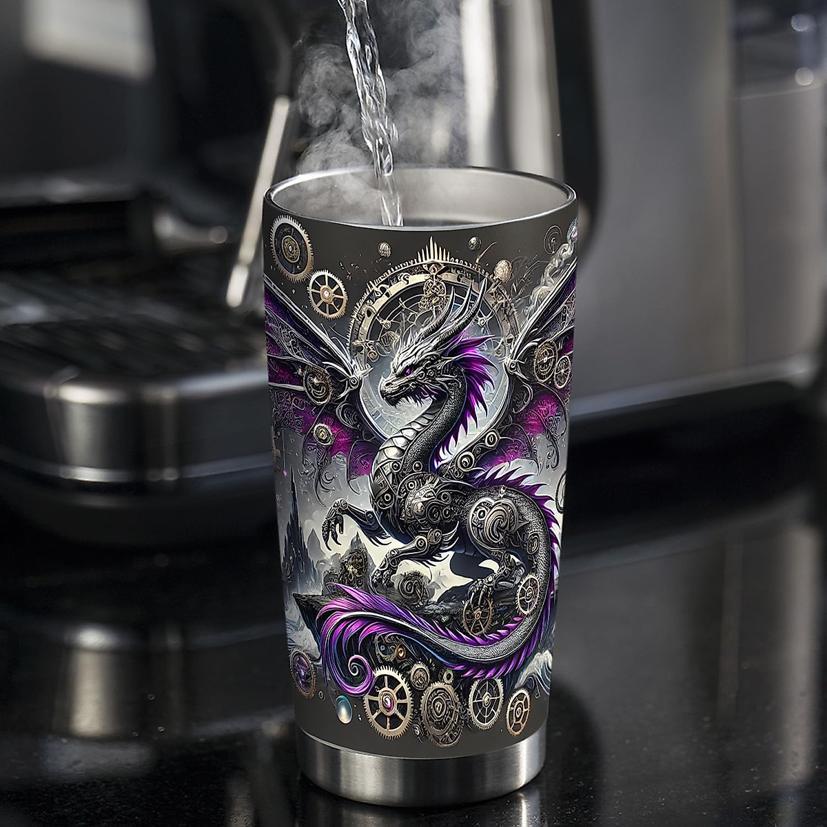64HYDRO 20oz Steampunk Mechanical Dragon Tumbler, Engineer Mechanic Dragons, Gaming, Gamers Gifts for Dragon Lovers, Stainless Steel Double Wall Vacuum Insulated Coffee Mug, Travel Cup with Lid - F