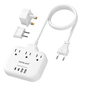 European Travel Plug Adapter, US to European Plug Adapter with 3 American Outlets & 4 USB, 3ft European Power Cord, International Travel Power Strip, Type C for Europe EU Germany France, Travel, White