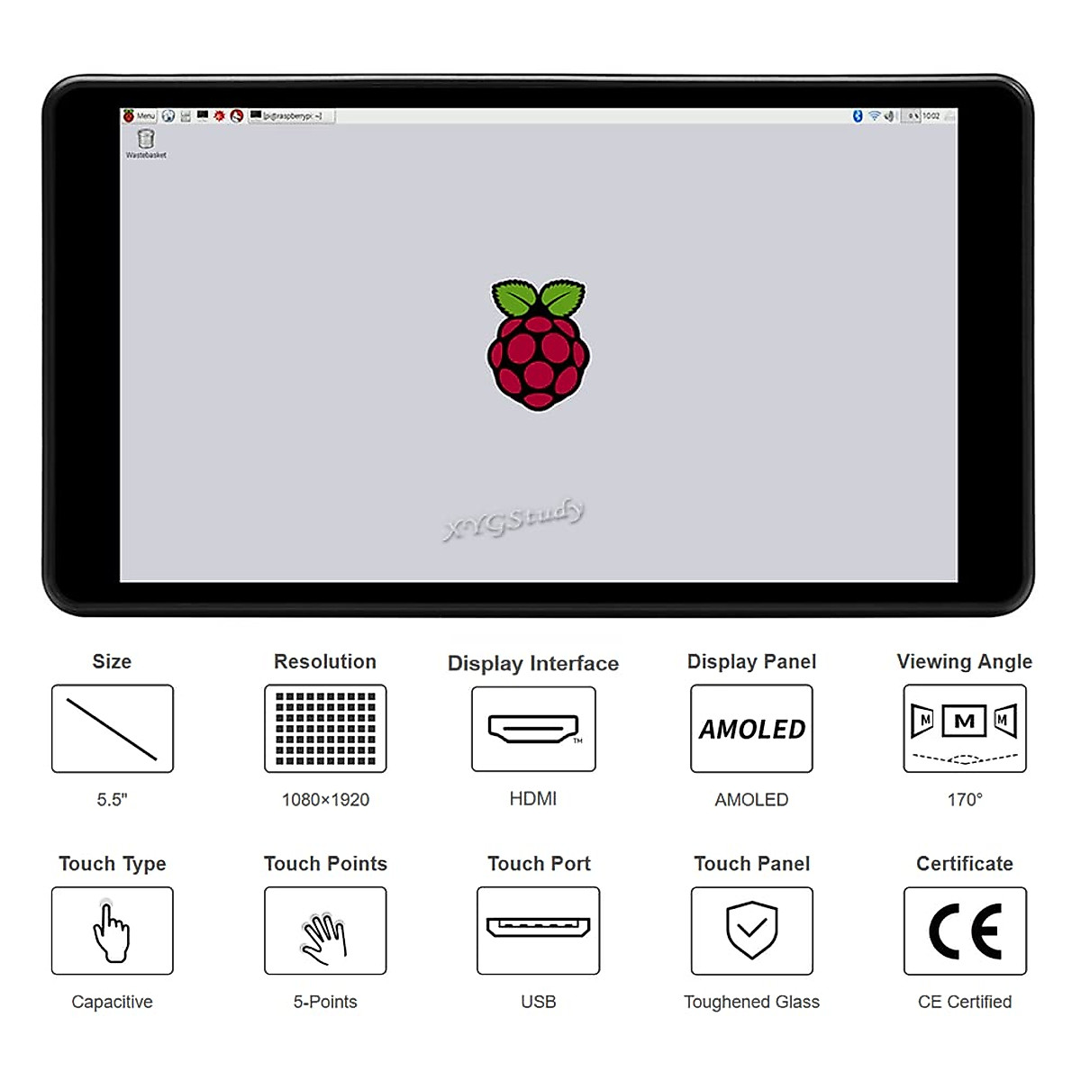 XYGStudy 5.5 inch Raspberry Pi HDMI Capacitive Touch AMOLED Display Monitor Toughened Glass Panel 1080×1920 with Protection Cover Case for Mini PC Raspberry Pi 4 Model B Computer Monitor