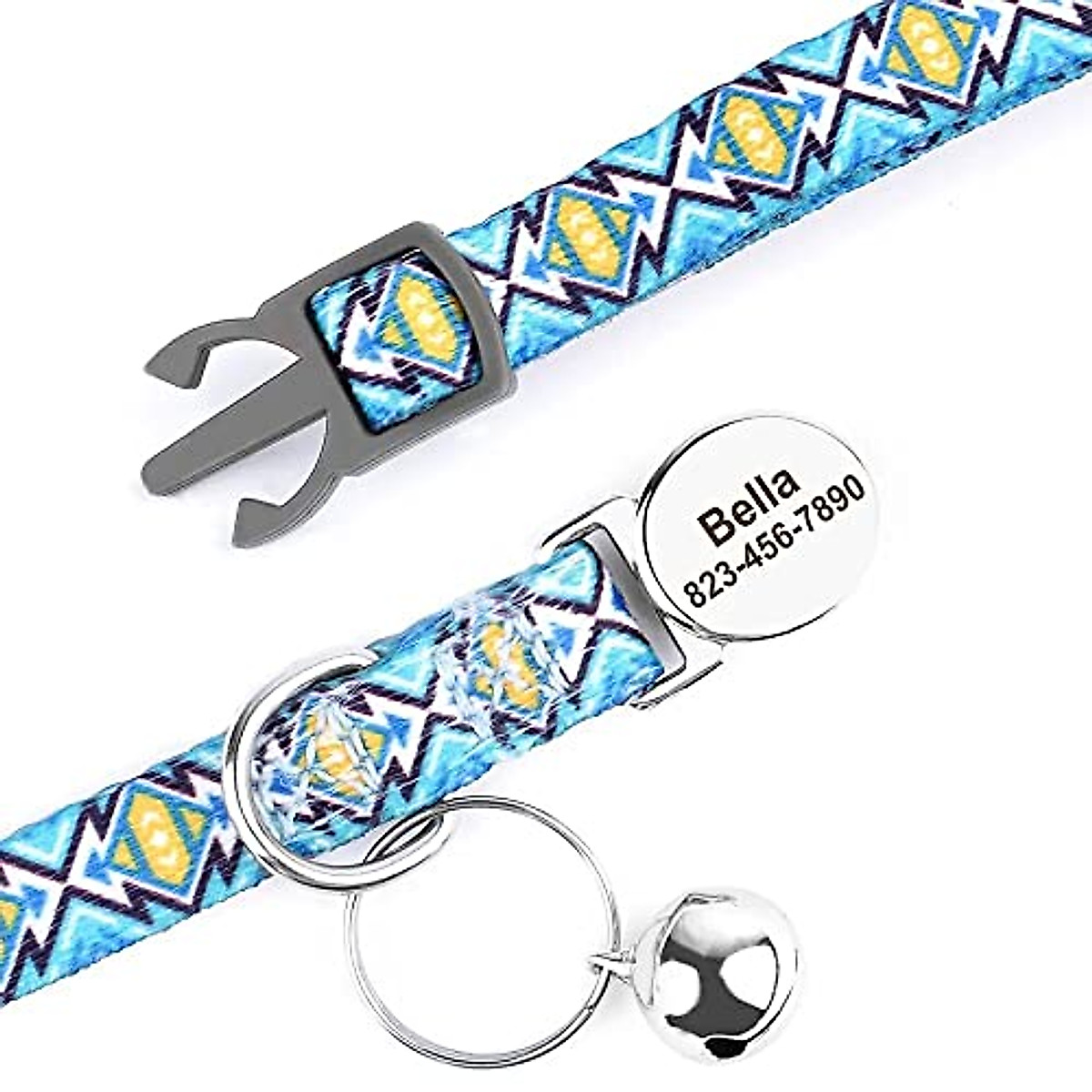 Moonpet Custom Personalized Breakaway Cat Collar with ID Name Phone Number Tag Plate/Customized Engraved Floral Pattern Boy Girl Cat Kitten Collar with Bell