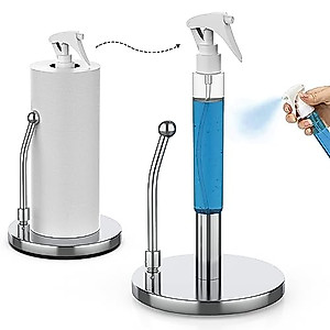 Paper Towel Holder with Spray Bottle by Elevated Essentials - Heavy Non Slip Weighted Stainless Steel Base for One Handed Operation - The Perfect Countertop Kitchen Paper Towel Holder