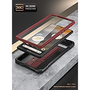 Poetic Revolution Series Case for Google Pixel 6A 5G, Built-in Screen Protector Work with Fingerprint ID, Full Body Rugged Shockproof Protective Cover Case with Kickstand, Maroon Red