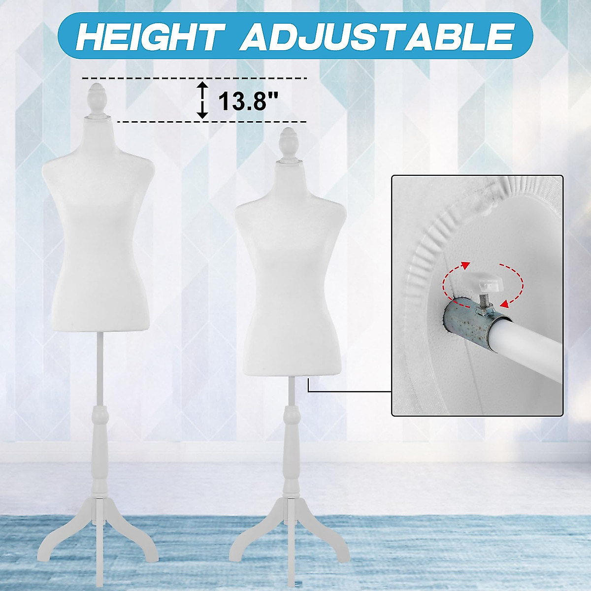 BLKMTY Female Mannequin Torso Dress Form Sewing Mannequin Manikin Body Height Adjustable Clothing Dress Model w/ Tripod Base Stand for Sewing Dressmakers Dress Jewelry Display 49-63 Inch, White