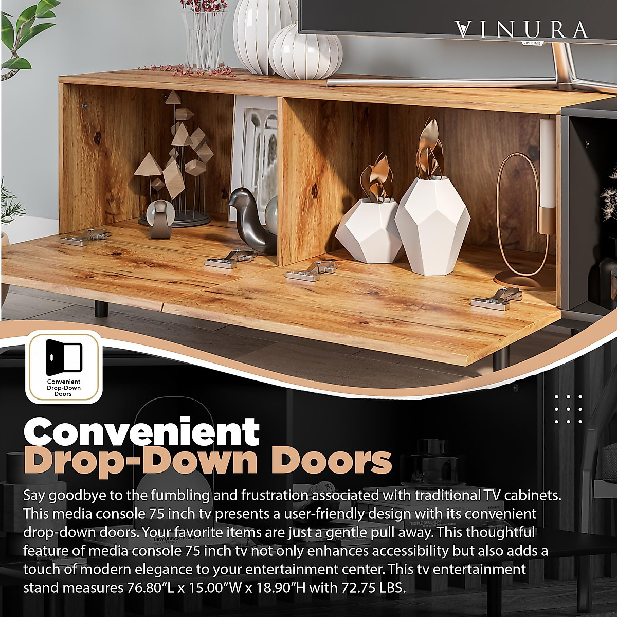 TV Stands for Living Room - 76” MDF Naturakl Wood TV Stand for Bedroom - Multipurpose Entertainment Center with Storage - TV & Media Furniture for 80’’ TV with 3 Doors - Organize, Elevate, Enjoy!