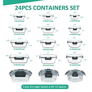 KOMUEE 10 Packs 30 oz Glass Meal Prep Containers 2 Compartment and 24 Pieces Glass Food Storage Containers with Lids, BPA Free and Airtight