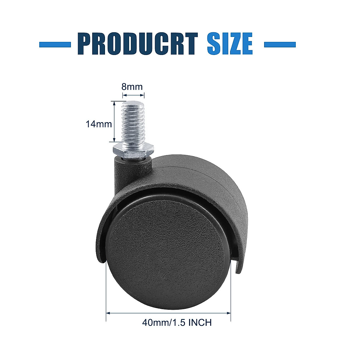 BokWin 4 Pcs 1.5" Plastic Casters Shelving Caster，M8 Stem Nylon Furniture Wheel Replacement Threaded Stem Swivel Cart Wheels for Office Chair Commodity Shelf Black Tone Without Brake, Black