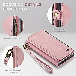 Defencase Samsung S22 Ultra Wallet Case for Women Men, Durable PU Leather Magnetic Flip Strap Wristlet Zipper Card Holder Phone Case for Galaxy S22 Ultra, Rose Pink