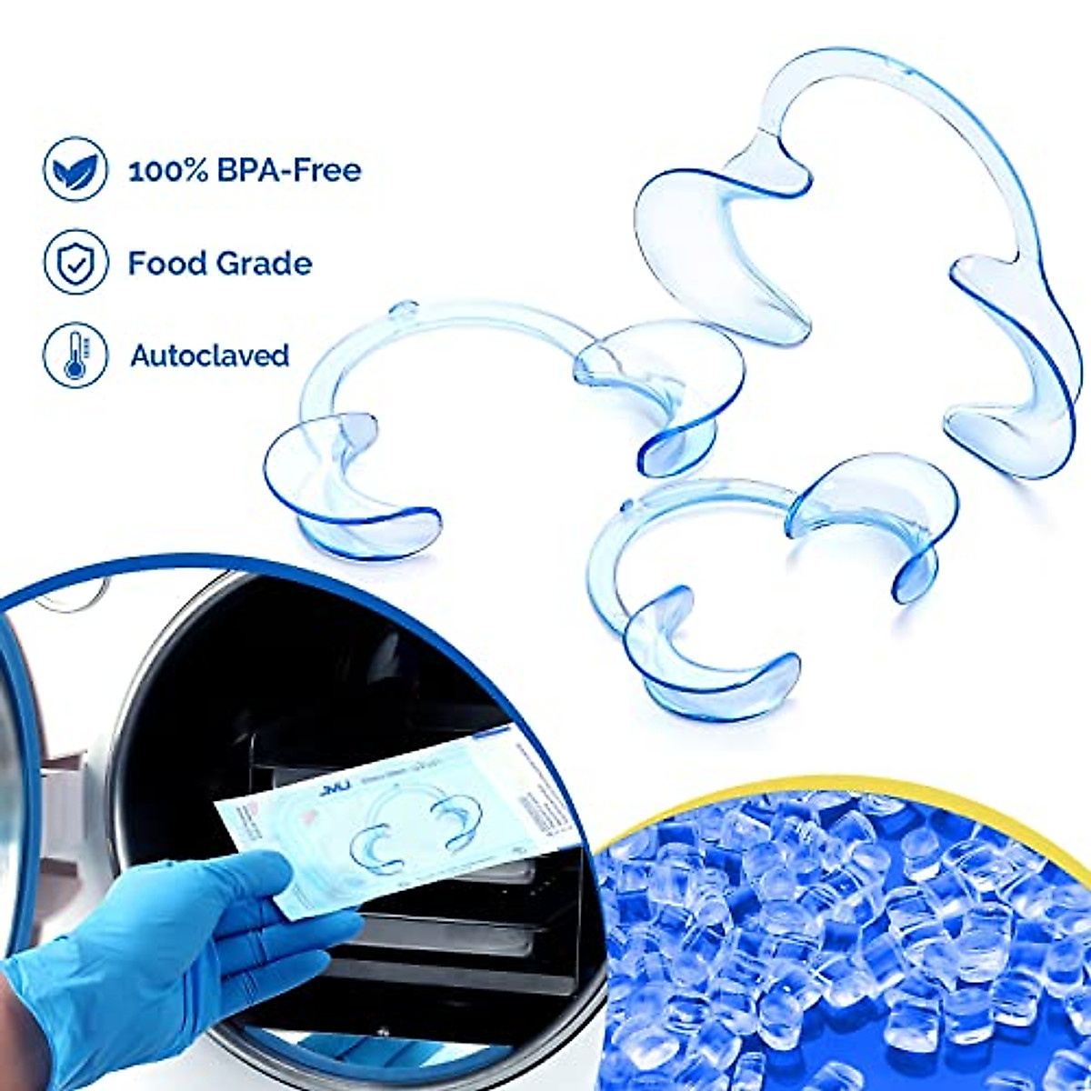 JMU Dental Cheek Retractor Mouth Opener for Teeth Whitening C Type Autoclavable, Clear Blue (Large,Small,Medium Pack of 3)