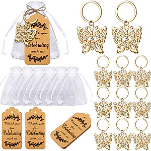 Ecation 40 Set Christmas Butterfly Keychain Party Favors Butterfly Keychain for Guest Baptism Party Favor Metal Crystal Butterfly Keyring Souvenirs Thank You Tags for Baby Shower Favor (Gold)