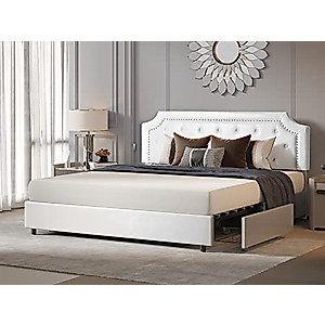 BONSOIR King Size Storage Bed Frame Upholstered Low Profile Traditional Platform with Tufted and Nail Headboard/4 Pull Out Drawers/White Faux Leather