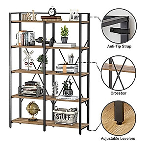 BON AUGURE Bookshelf, Industrial Large Etagere Bookcase for Living Room and Bedroom, Farmhouse 5 Tier Book Shelves for Office, Rustic Wood Metal Shelving Unit (Vintage Oak, 43.31 inch Wide)