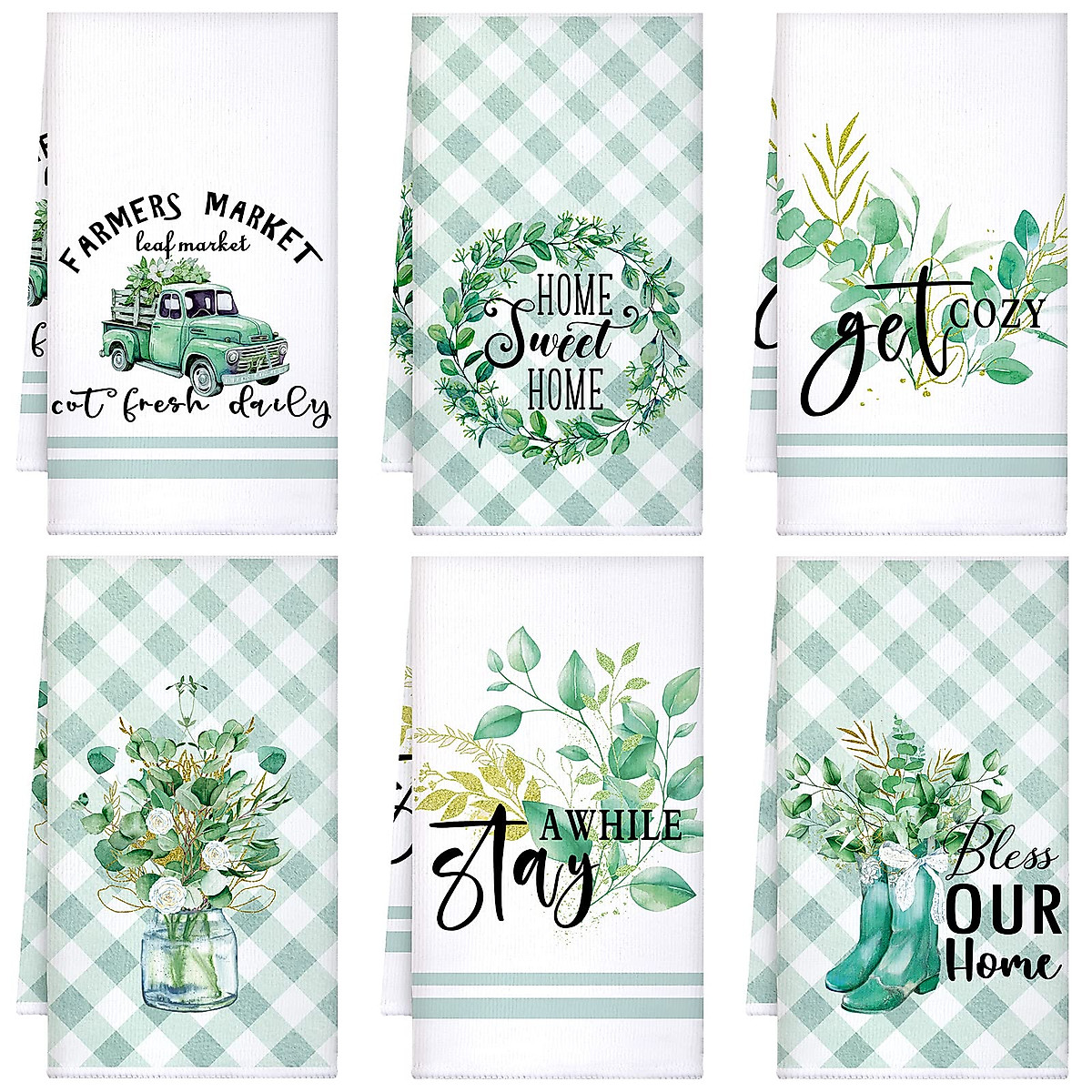 Set of 6 Eucalyptus Kitchen Towels Green Leaves Dishtowels Absorbent Spring Summer Hand Tea Towels 24 x 16 Inch Eucalyptus Lover Gifts Holiday Wedding Gifts for Farmhouse Kitchen Bathroom Decor