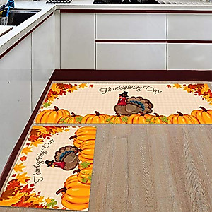 YOKOU Thanksgiving Kitchen Rugs, Day Fall Cartoon Turkey Pumpkin Maple Leaf Orange Non Slip Low Profile Runner Rug Mat for Floor, Kitchen, Bedside, Sink, Office, Laundry, Set of 2