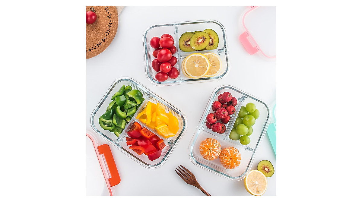 HAKEEMI 5-Pack,3 Compartment Glass Meal Prep Containers Set,34oz ...