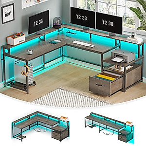 SEDETA L Shaped Desk, 66" Home Office Desk with File Drawer and Power Outlet, Corner Computer Desk with Monitor Shelf, Printer Storage Shelves, Gaming Desk with Led Lights, Two Person Desk, Walnut