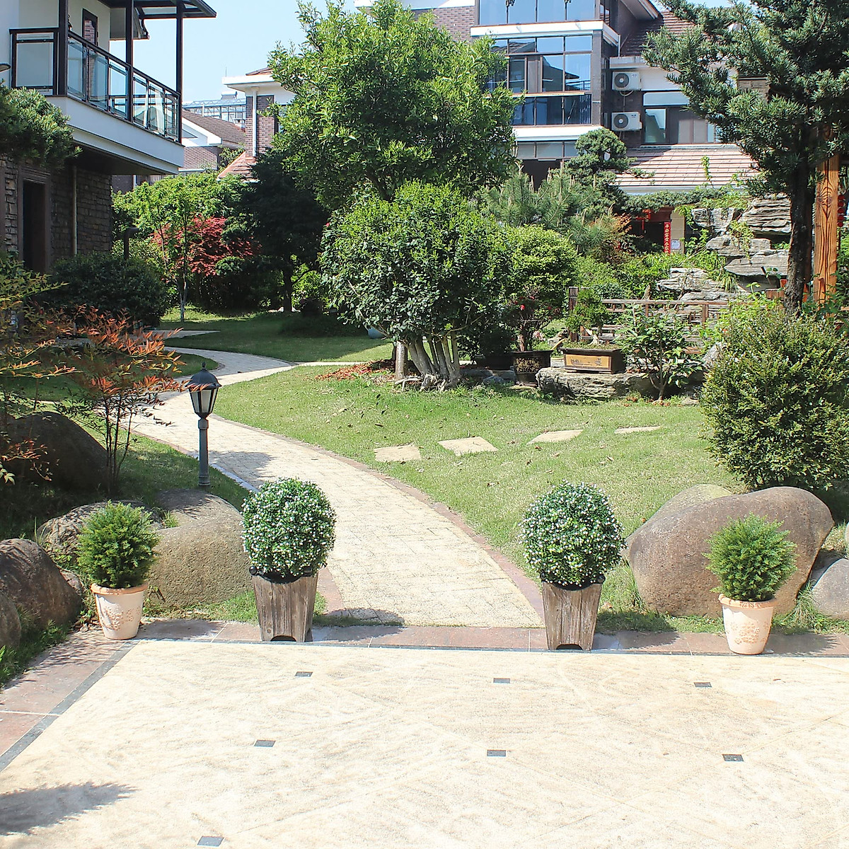 Two 20''T Artificial Boxwood Topiary Ball Trees Fake Bushes Shrubs UV Resistant Potted Plants Artificial Flower Buds Trees for Indoor Outdoor Home Garden