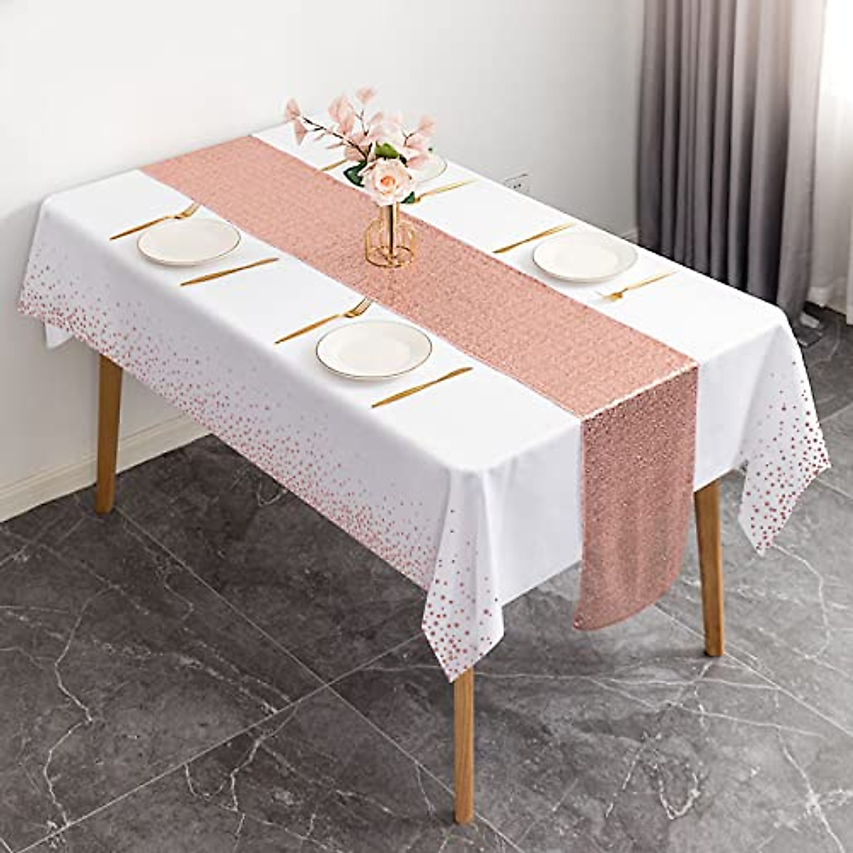 HAOBAOBEI Rose Gold Tablecloth Sequin Table Runner Set, Plastic Table Cloths Pink White Party Decorations, Rectangle Glitter Table Cover for Birthday Wedding Anniversary Parties Supplies (54x108 inch)