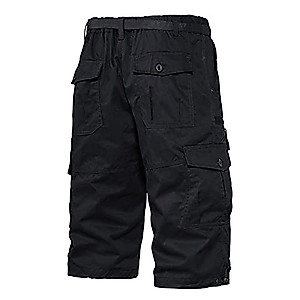 Mens Shorts Elastic Waistband Mens Elastic Waist Shorts Casual Linen Multi Pockets Cargo Short Waistband Camouflage Work Utility Tooling Shorts Cotton Shorts Men 7 Inch Black XL