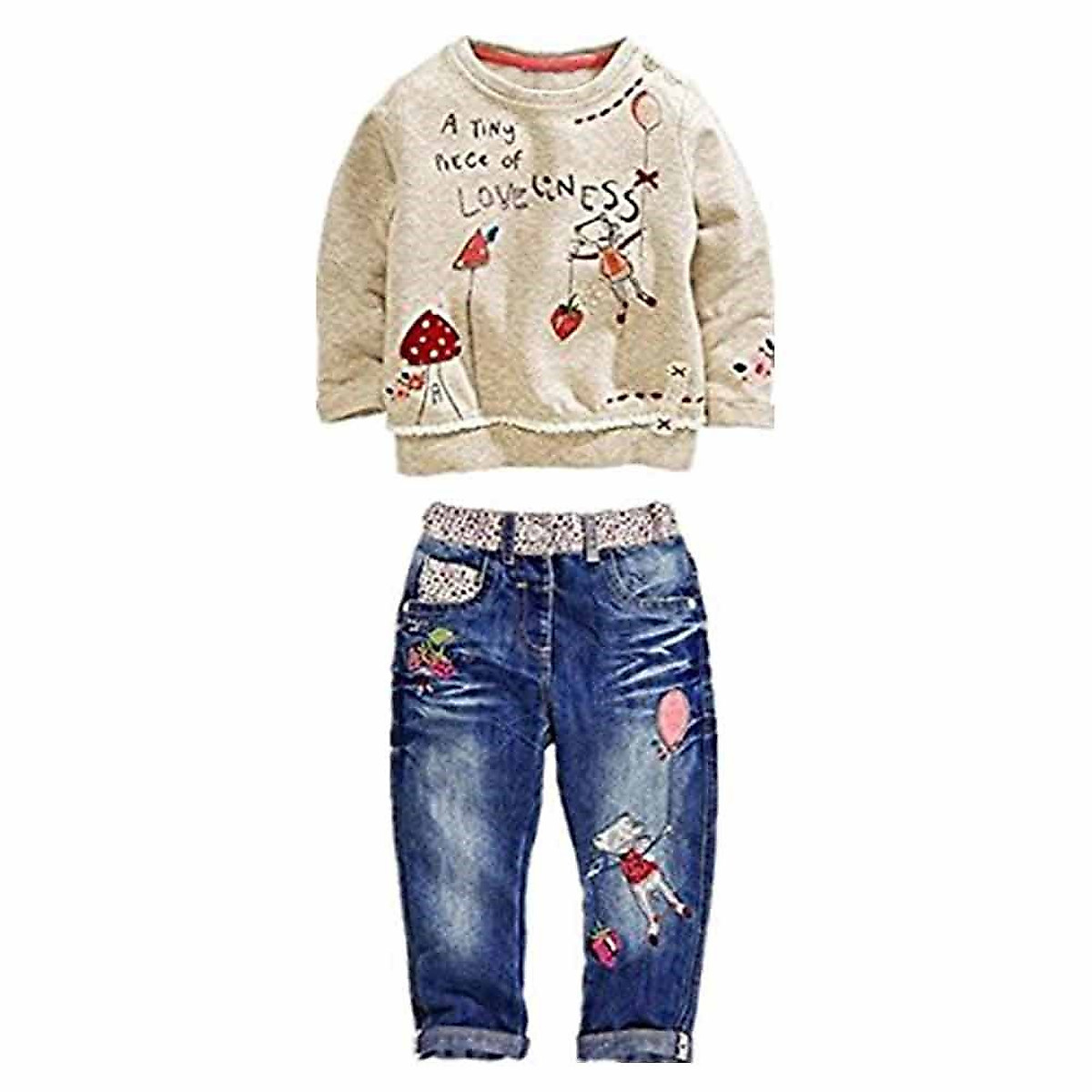 Kids Tales Little Girl's Long Sleeve Cartoon Pullover Shirt and Jeans Pants Outfit Set Cute Graphic Sweatshirt