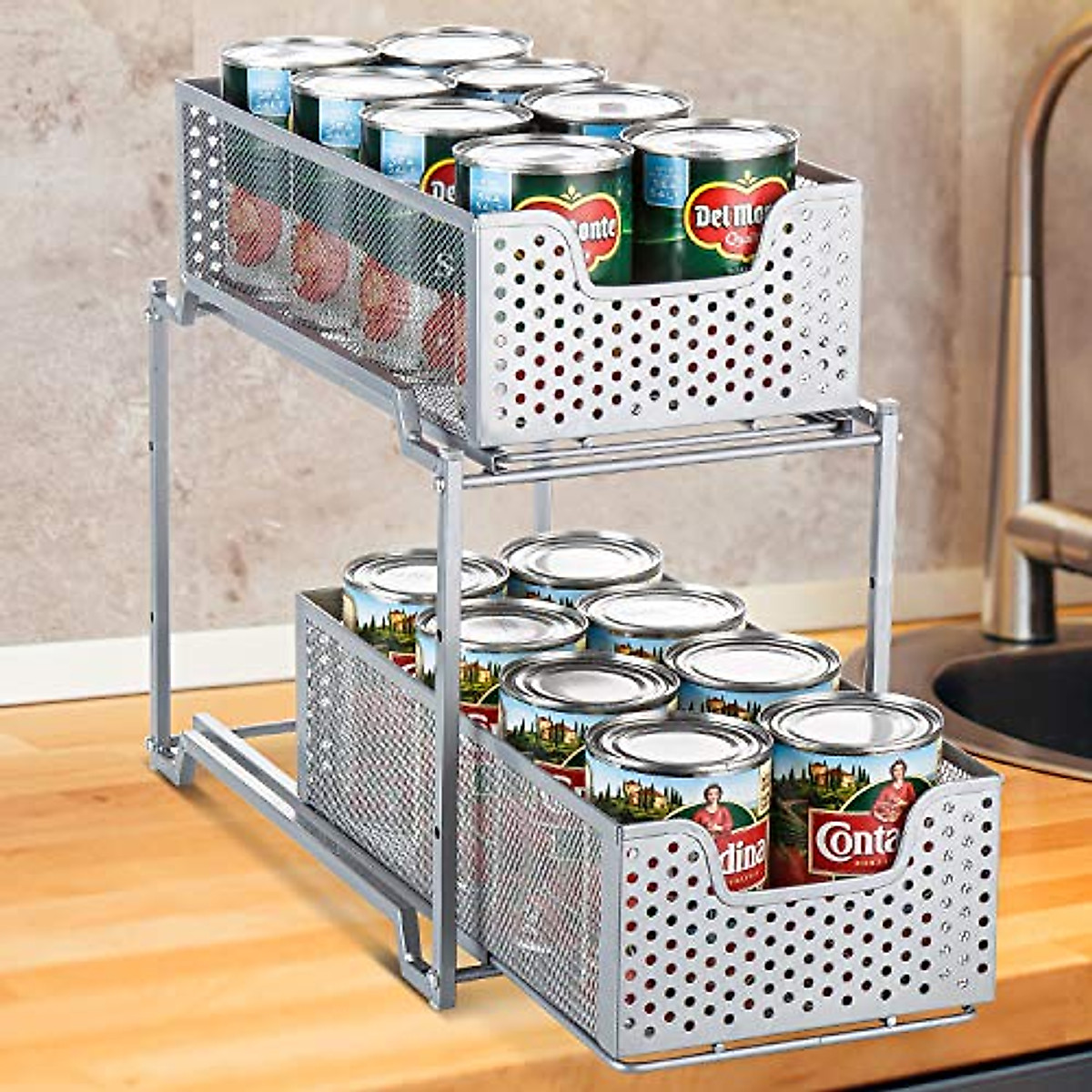 Bextsware Auledio Stackable 2 Tier Under Sink Cabinet Organizer with Sliding Storage Drawer, Silver