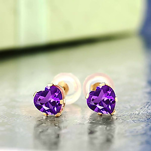 Gem Stone King 14K Yellow Gold Purple Amethyst Stud Earrings For Women (0.80 Cttw, Gemstone Birthstone, Heart Shape 5MM)