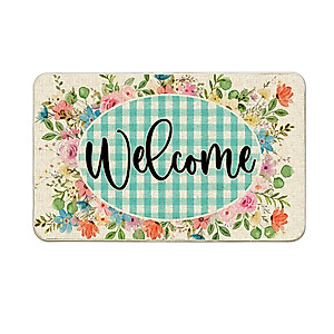Spring Door Mat, Hello Spring Welcome Mats Outdoor for Front Door, Flowers Blossoms Seasonal Non Slip Farmhouse Doormat Indoor Entryway Floor Rug for Entrance Outside Entry Home Decor 17”x29”