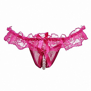 Women Pearl Lace Bowknot Beads Lace Panties Erotic Thong Lingerie Underwear