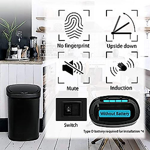 HCB Trash Can Automatic Waste Bin Mute Metal Garbage Can with Lid Stainless Steel 13 Gallon 50 Liter for Kitchen | Office | Bedroom | Bathroom | Living Room (Black)