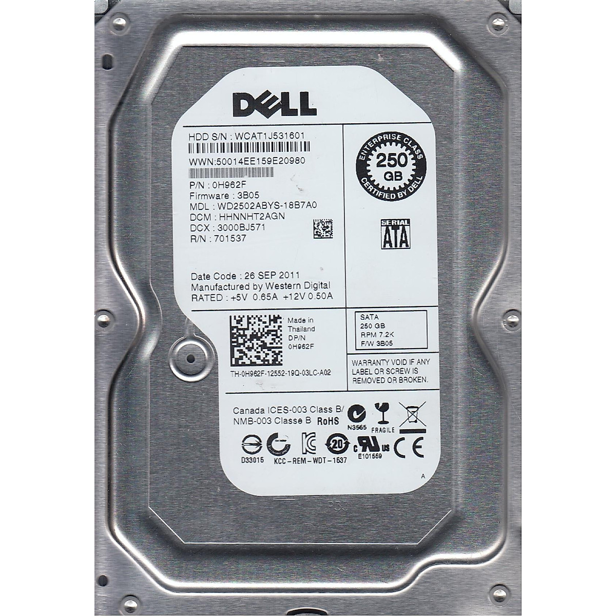 WESTERN DIGITAL WD2502ABYS-18B7A0 250GB 7.2k RPM SATA 3.5" HDD 0H962F