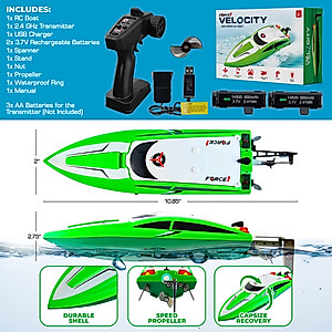 Force1 Velocity Green Fast RC Boat- Remote Control Boats for Adults and Kids, Underwater Speed Racing Mini RC Toy for Pools and Lakes, 2.4GHZ Transmitter, 2 Rechargeable Batteries, Low Battery Alert