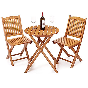 TROPOW Foldable Patio Furniture Set, Outdoor Bistro Set for 2, Wooden Table and Chairs Set, Bistro Patio Set for Poolside, Beach, Backyard, Balcony, Deck