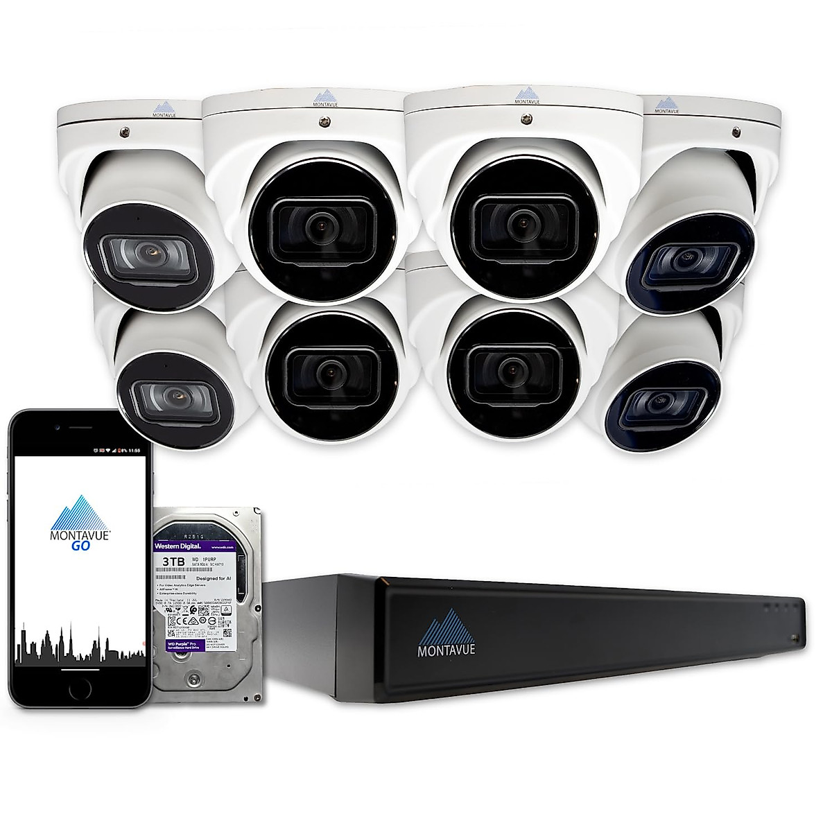 Montavue UltraHD Security Camera System, 8pcs 4K 8MP IP PoE Turret Cameras, 16ch POE NVR, IP67 Weatherproof, 100ft IR Night Vision, Built-in Mic, IVS, Motion Detection, 3TB Pre-Installed Hard Drive