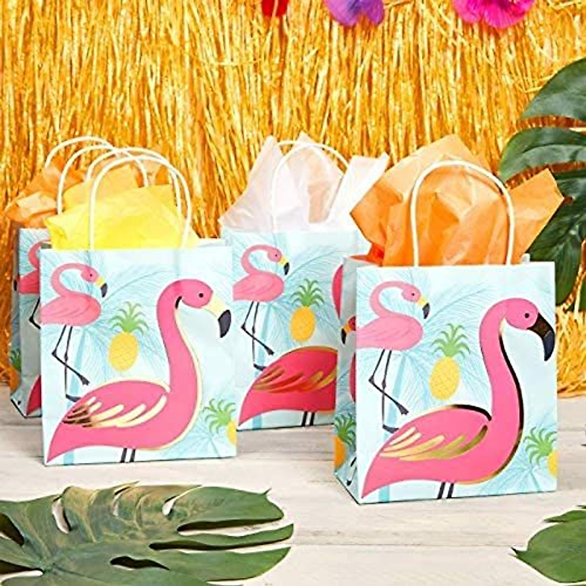 Sparkle and Bash Flamingo Gift Bag with Handles for Birthday Party Favors (8 x 9 x 4 In, 15 Pack)