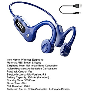 porfeet Wireless Earbud High Fidelity Intelligent Noise Reduction LED Digital Display Waterproof Bluetooth-Compatible 5.3 Real Bone Conduction Headphone for Sports Blue A