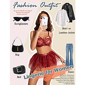 Avidlove Garter Lingerie for Women Lace Nightgowns with Tutu Skirts (Wine Red, Medium)